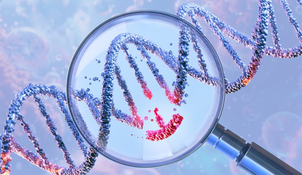 DNA double helix under a magnifying glass, symbolizing genetic ...